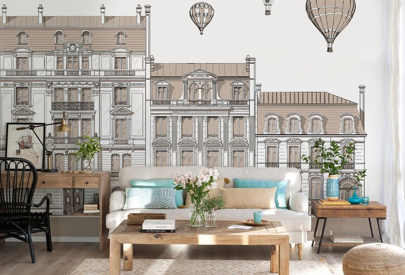 Wallpaper With Palatial Buildings - Mural With Buildings and Hot Air ...