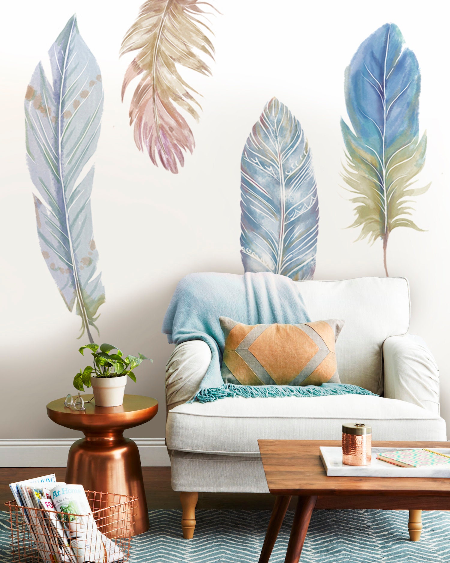 Aquarellfedertapete, blaue Federn Wandbild, türkis große Federtapete ...