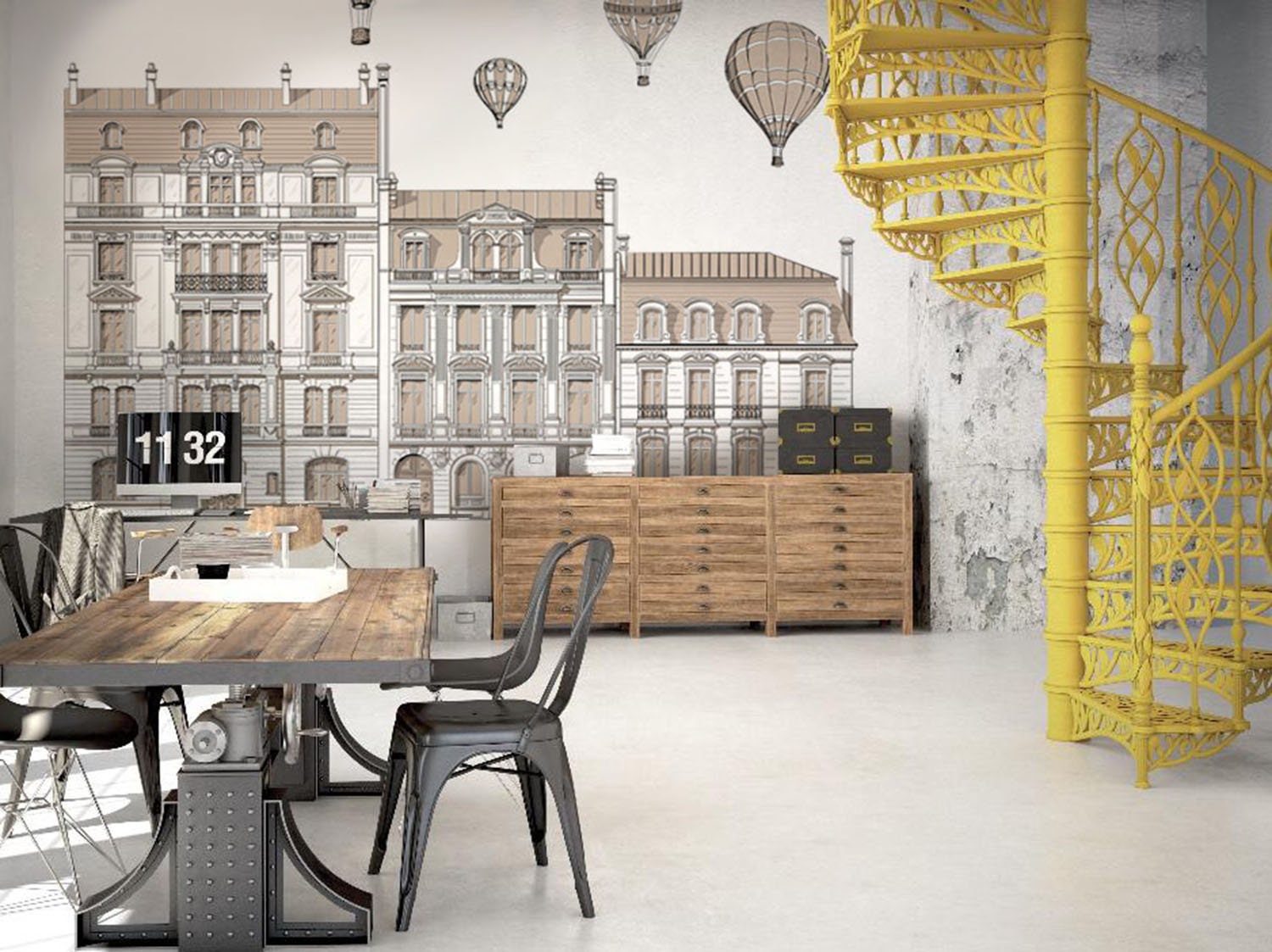Wallpaper With Palatial Buildings - Mural With Buildings and Hot Air ...