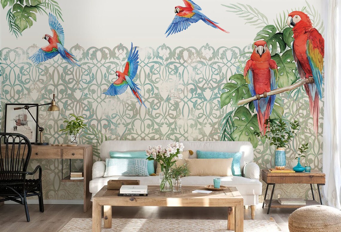 Floral Wallpaper Parrots Art Nouveau and Parrots Mural Art - Etsy