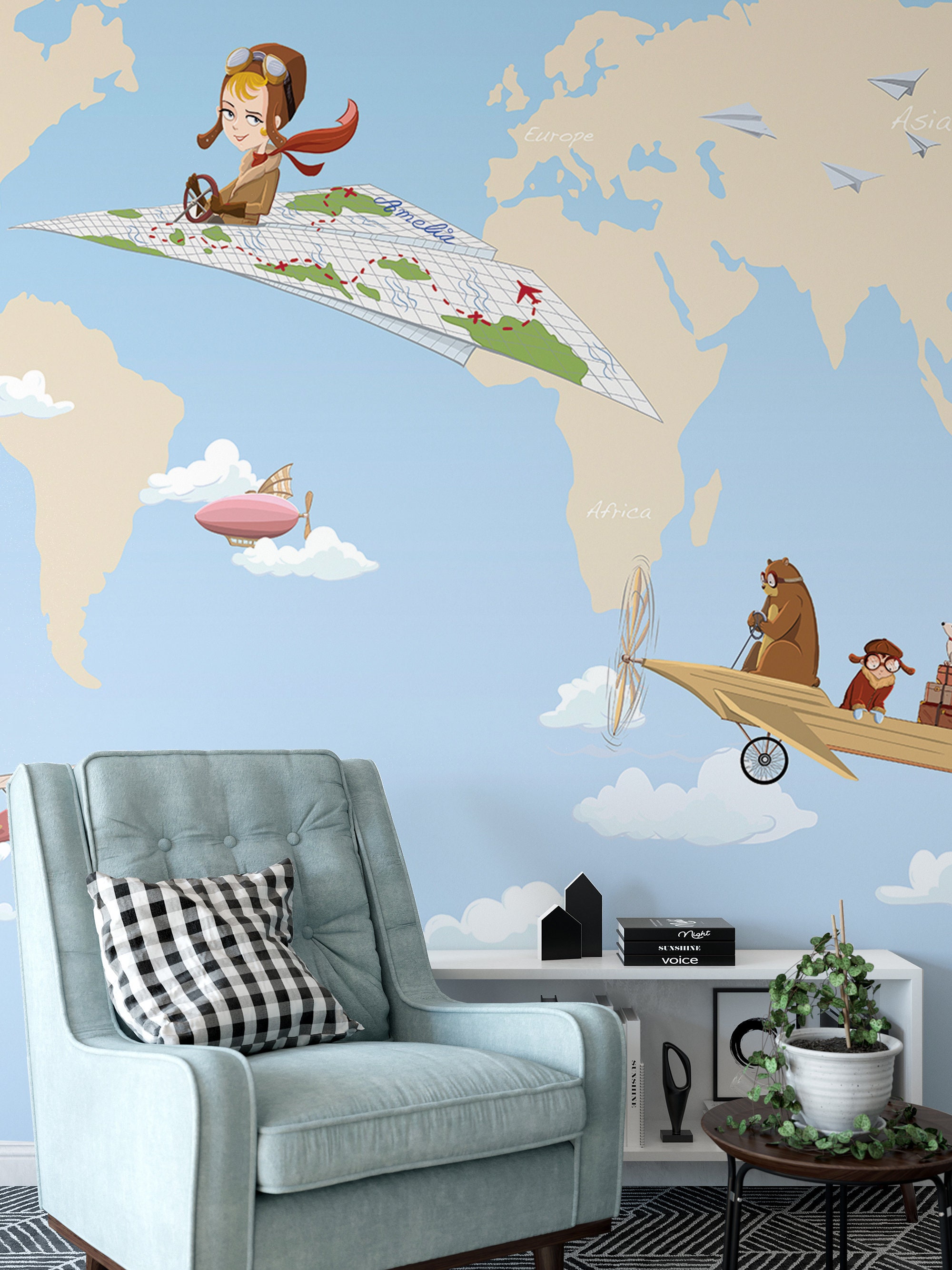 Children's Wallpaper With World Map Wallpaper for Kids - Etsy