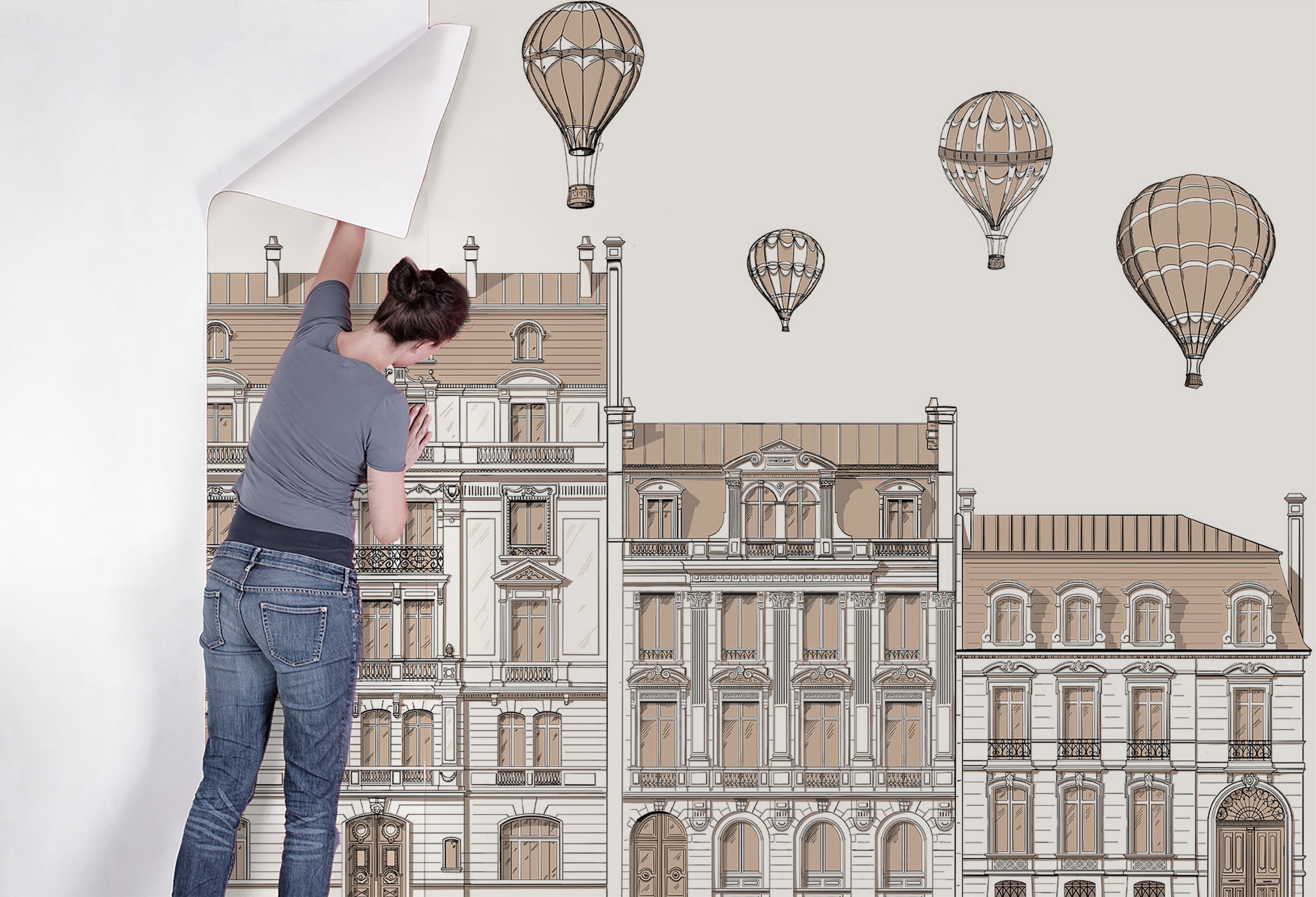Wallpaper With Palatial Buildings - Mural With Buildings and Hot Air ...