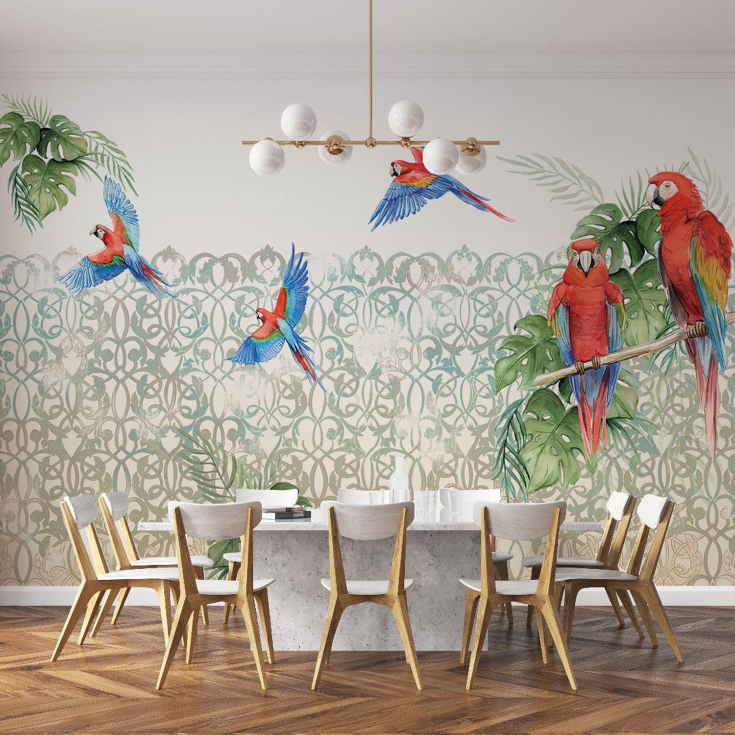 Floral Wallpaper Parrots Art Nouveau and Parrots Mural Art - Etsy