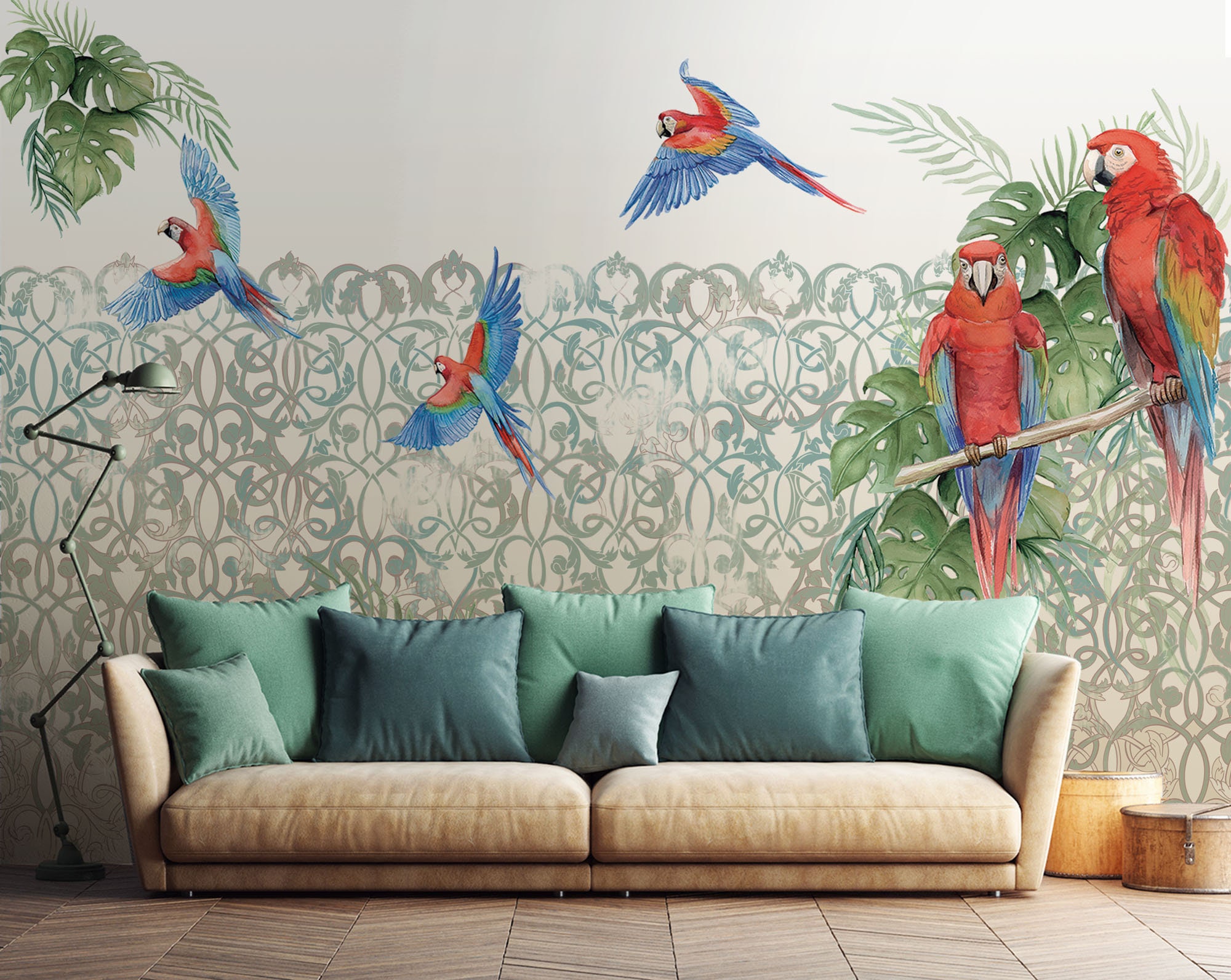 Floral Wallpaper Parrots Art Nouveau and Parrots Mural Art - Etsy