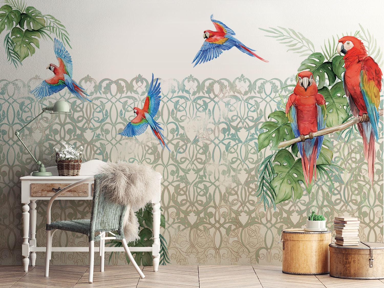 Floral Wallpaper Parrots Art Nouveau and Parrots Mural Art - Etsy