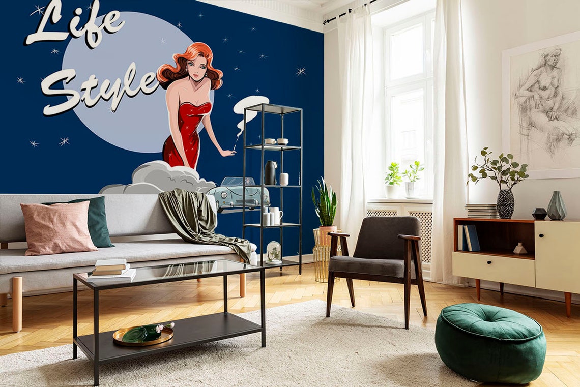 MURALS Pin up Woman Comic Illustration Wall Murals Wallpaper | Etsy