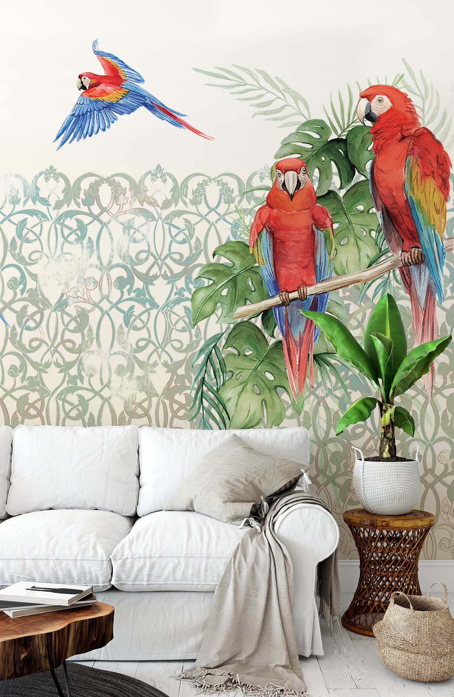 Floral Wallpaper Parrots Art Nouveau and Parrots Mural Art - Etsy