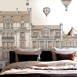 Wallpaper With Palatial Buildings - Mural With Buildings and Hot Air ...