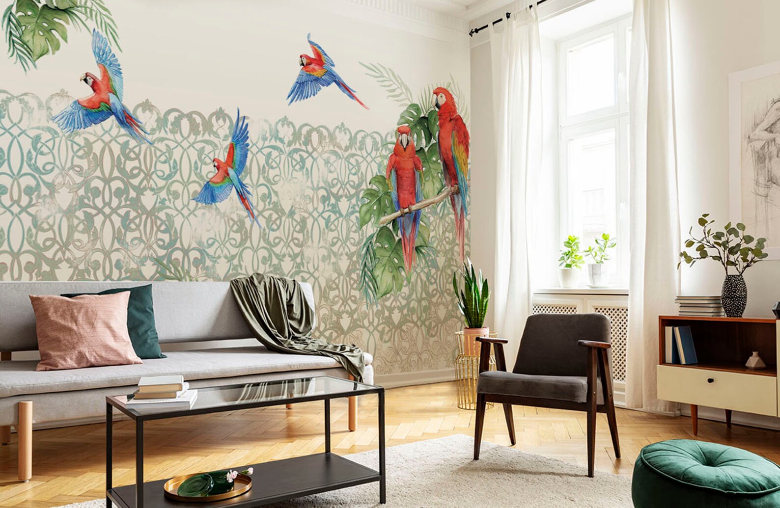 Floral Wallpaper Parrots Art Nouveau and Parrots Mural Art - Etsy