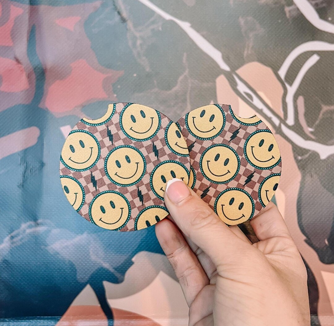 Checkered Smileys Car Coasters - Set of 2 | Thick 2.56 Inch Car ...