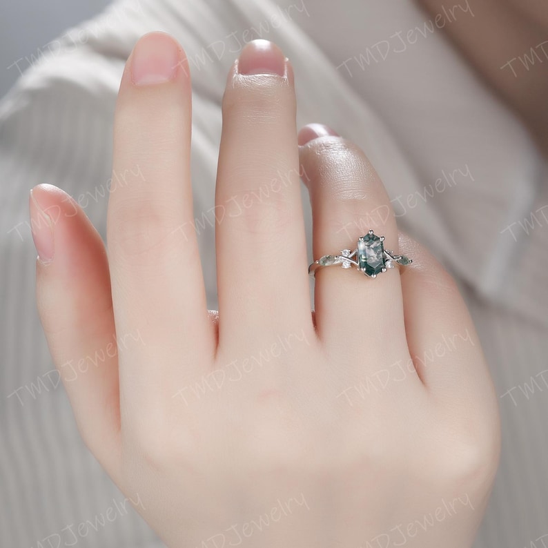 Natural Inspired Hexagon Moss Agate Couples Ring 925 Silver Stack ...