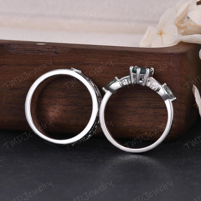 Natural Inspired Hexagon Moss Agate Couples Ring 925 Silver Stack ...