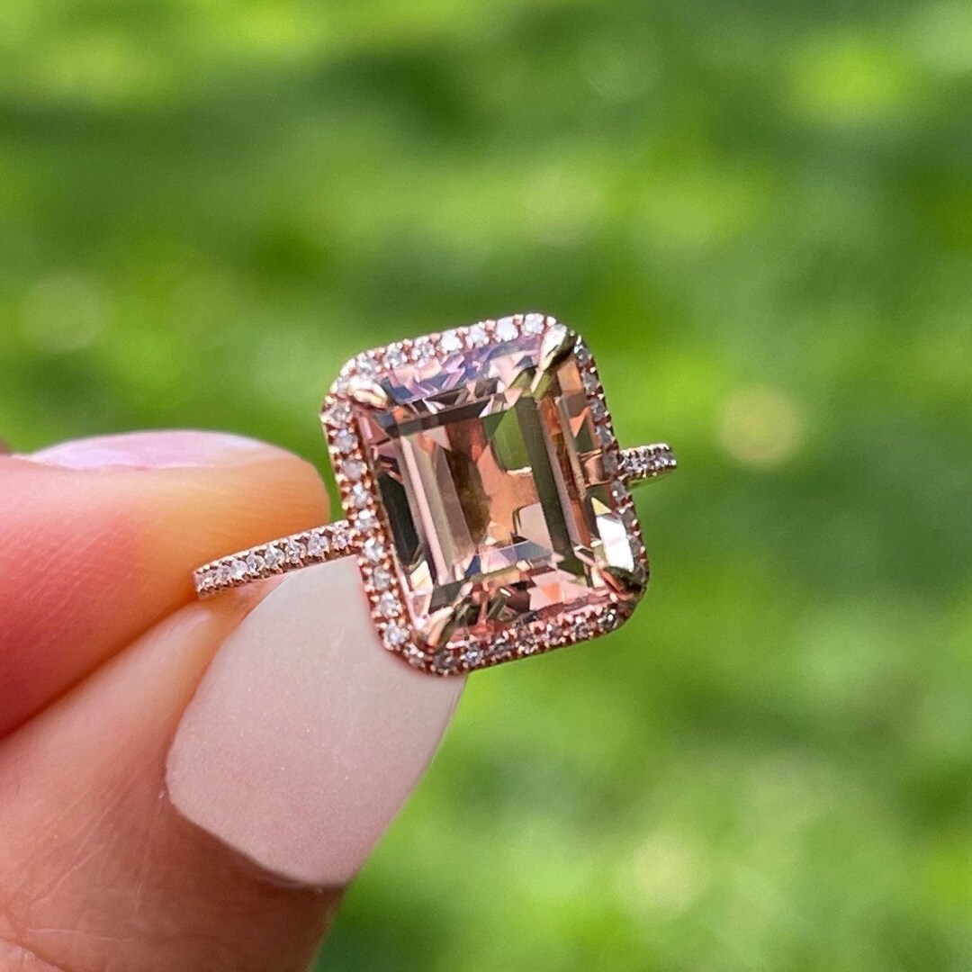 3.5ct Emerald Cut Morganite Ring, Diamond Halo Engagement Ring, Emerald ...