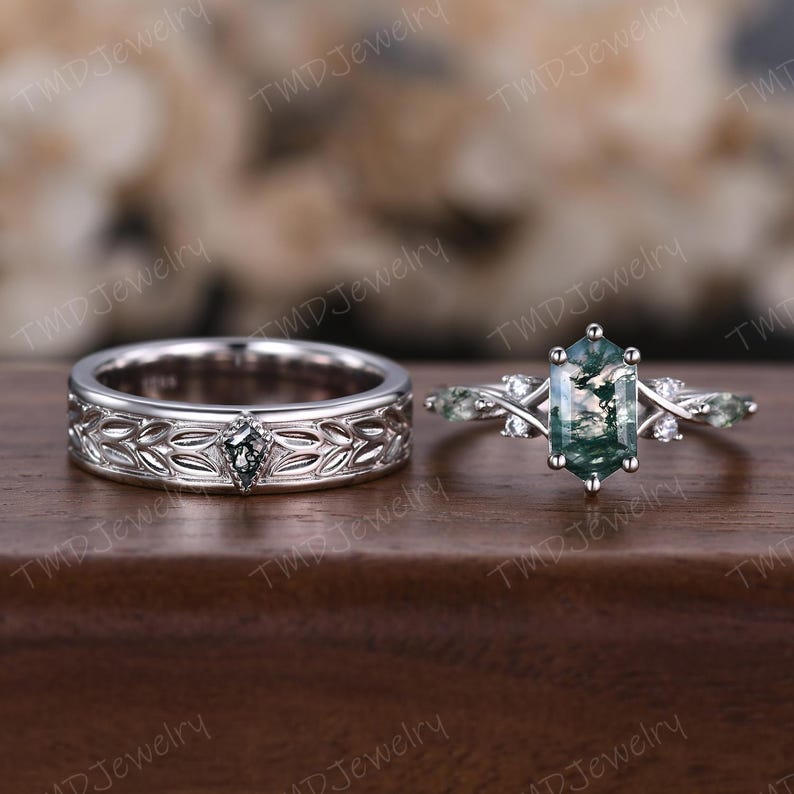 Natural Inspired Hexagon Moss Agate Couples Ring 925 Silver Stack ...