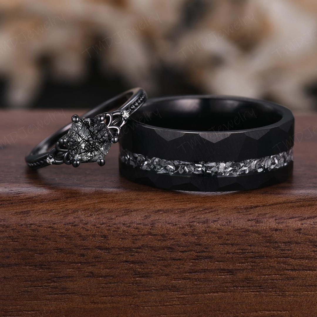 Gothic Hexagon Black Quartz Couple Ring Set Unique Black Rings His and ...
