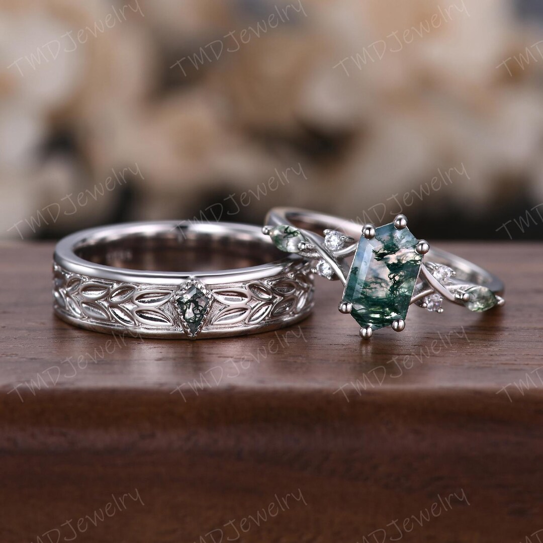 Natural Inspired Hexagon Moss Agate Couples Ring 925 Silver Stack ...