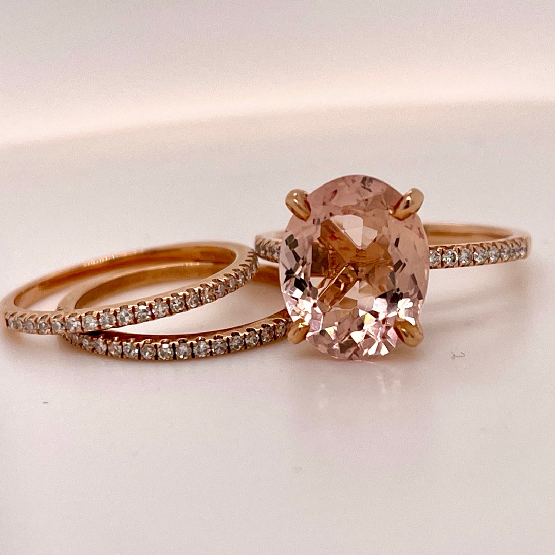 5ct Morganite Trio Ring Set, Oval Morganite Solitaire Ring, Pave ...