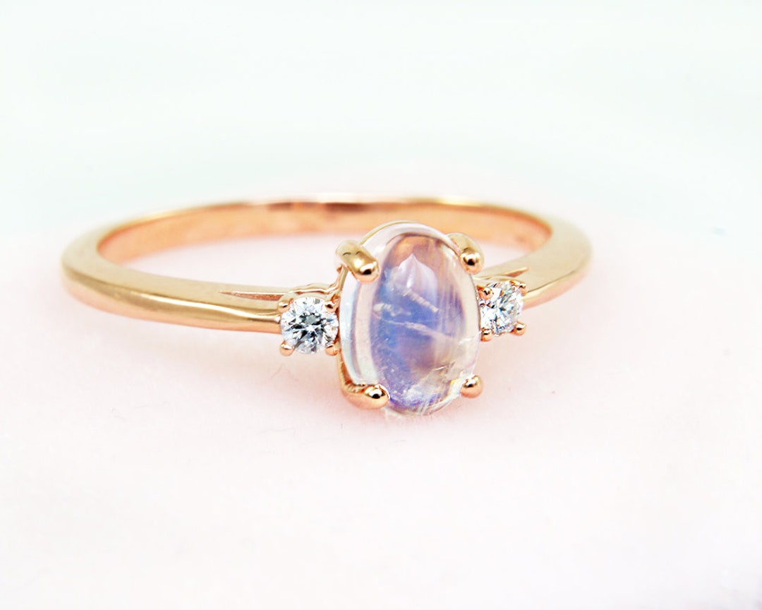 Oval Moonstone Ring, Rainbow Moonstone Engagement Ring, Rose Gold ...