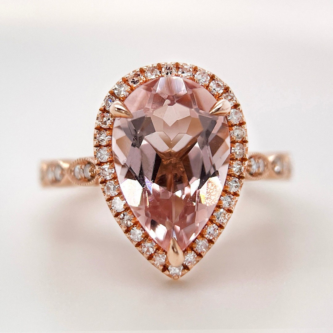 12x8mm/3ct Pear Cut Morganite Engagement Ring Vintage Band Cathedral ...
