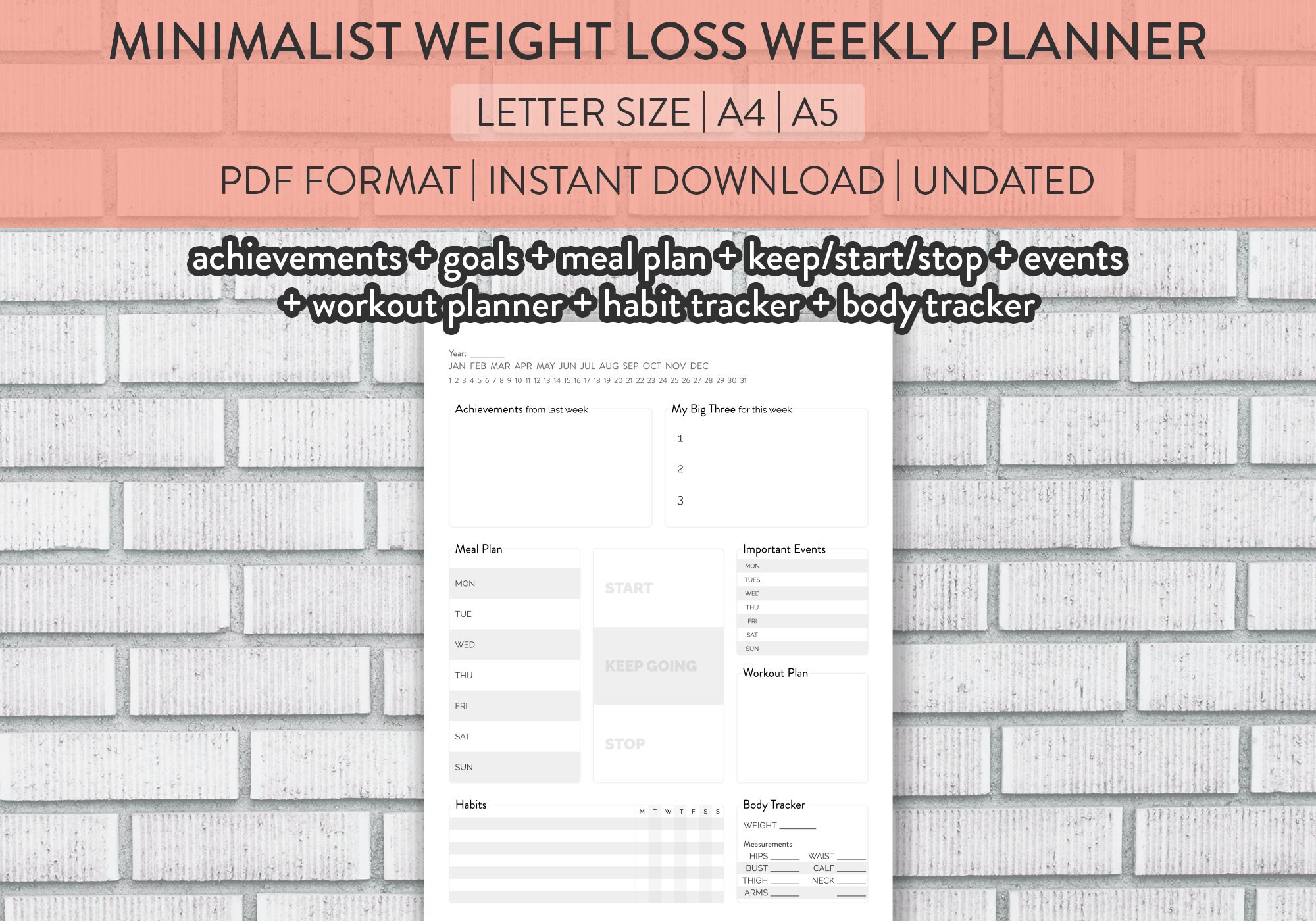 Minimalist WEIGHT LOSS Weekly Planner Printable, Weekly Calendars ...