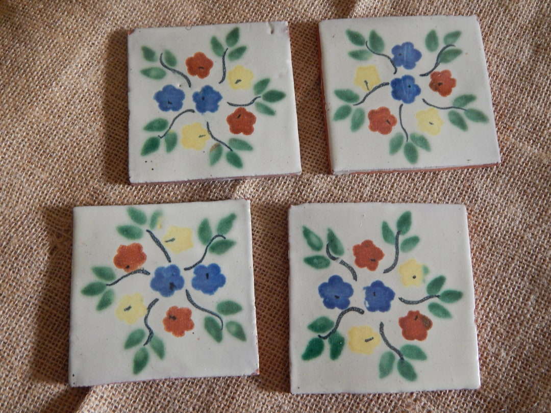 Mexican Terra Cotta Tile Vintage 4x 4 X 1/4 Clay Handpainted Tile. Set ...