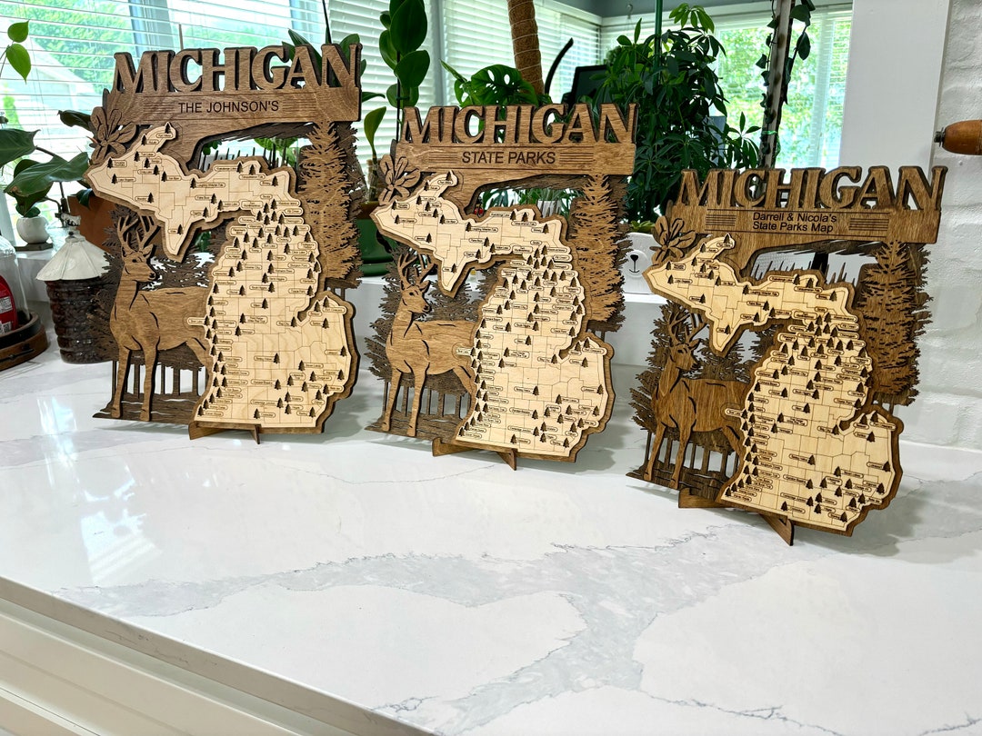 Michigan State Park Travel Map Made of Wood and Customizable Road Trip ...