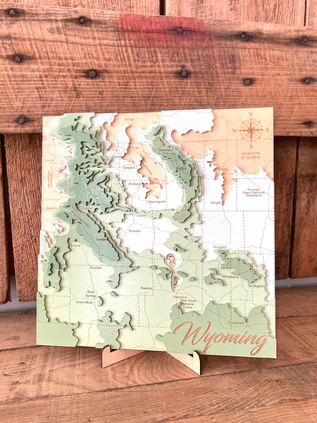 Wyoming State Custom 3D Multi Layered Wood Lake City Map Engraved Six ...