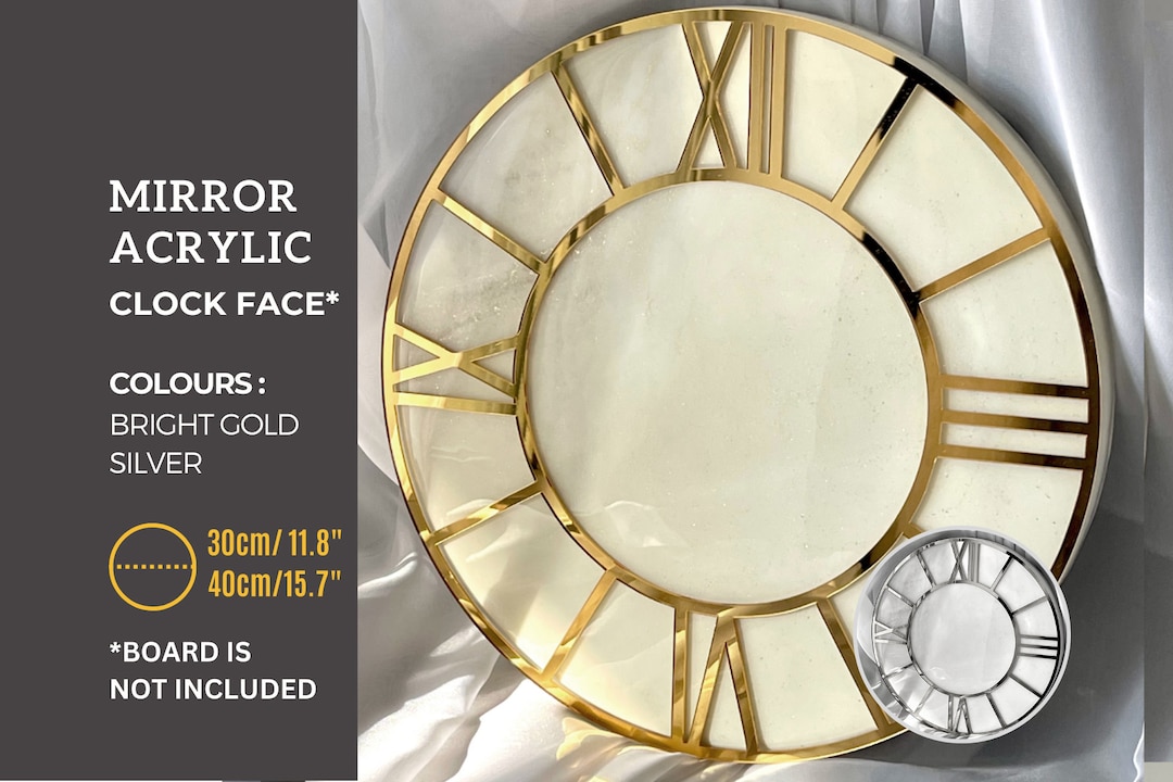 30cm, 40cm Mirror Acrylic Clock Face Silver, Bright Gold Classic Dial ...