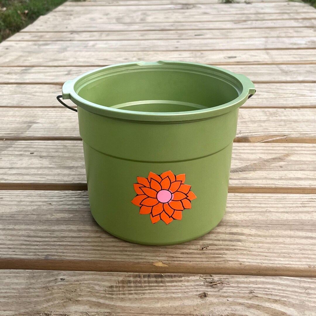 Vintage Plastic Green Bucket With Orange Flower Decal - Etsy
