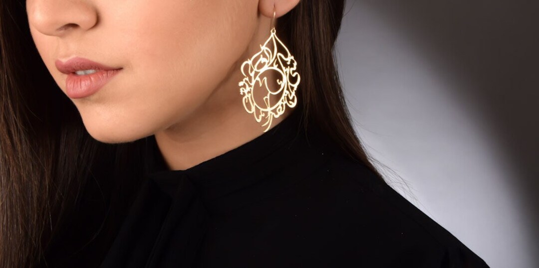 Gold Arabic Calligraphy Statement Earrings for Night Out Made - Etsy