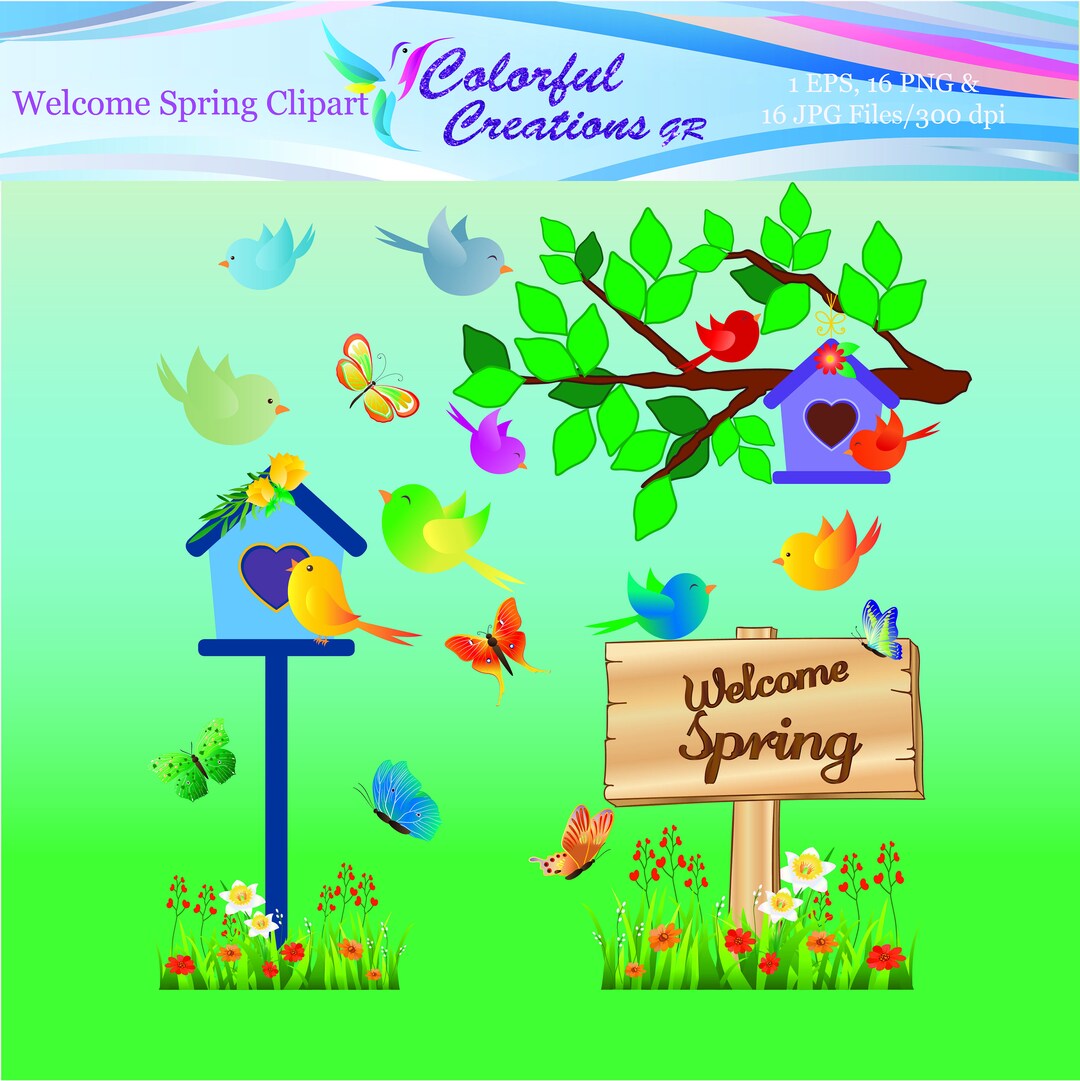 Welcome Spring Digital Clipart, Birds and Butterflies Digital Clipart ...