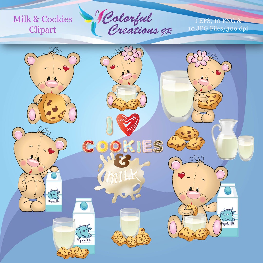 Milk and Cookies Digital Clipart Teddy Bear Digital Images - Etsy