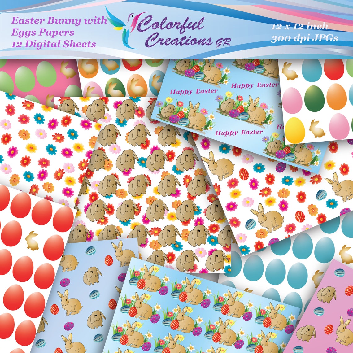 Easter Bunny With Eggs Set Digital Papers Easter Scrapbook - Etsy