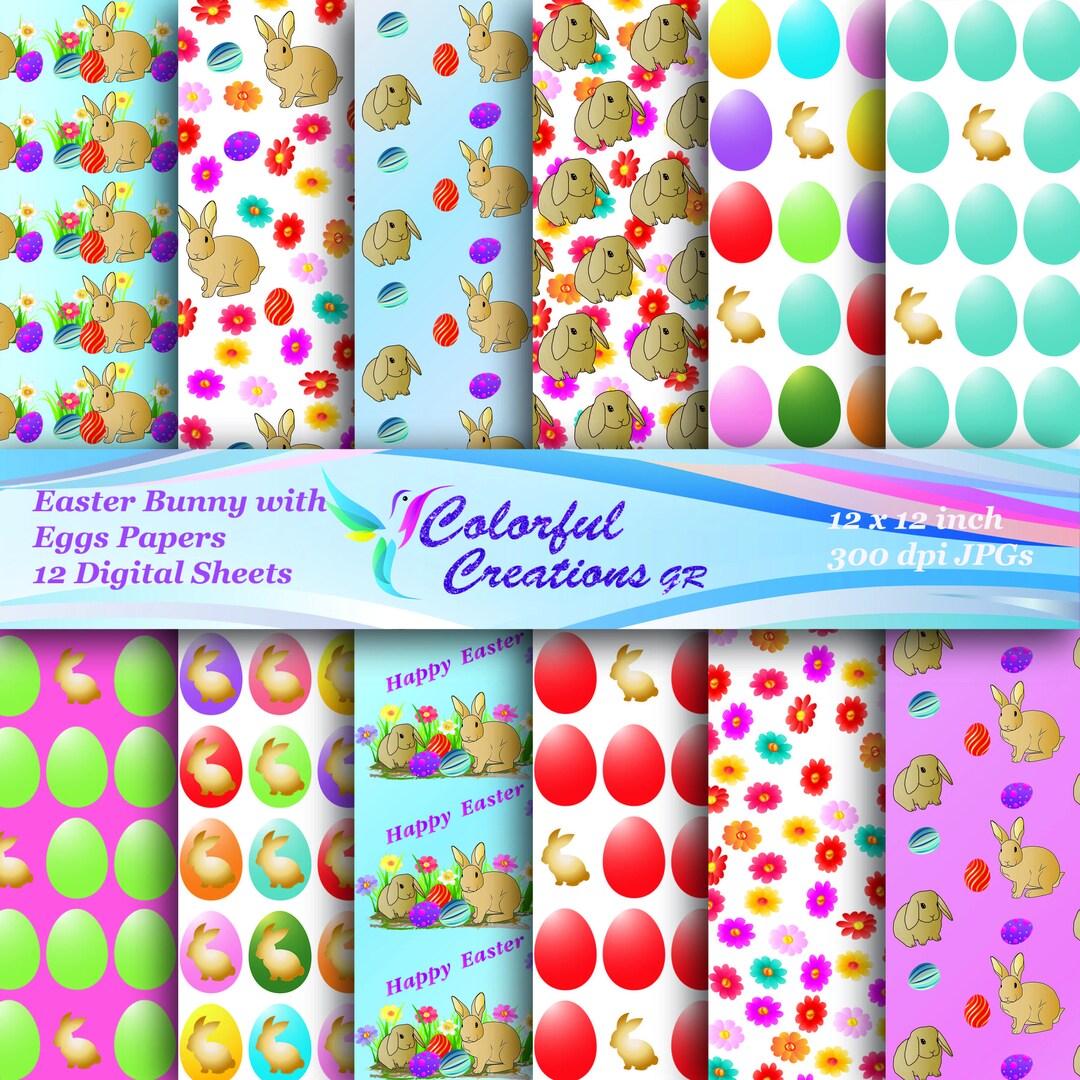 Easter Bunny With Eggs Set Digital Papers Easter Scrapbook - Etsy