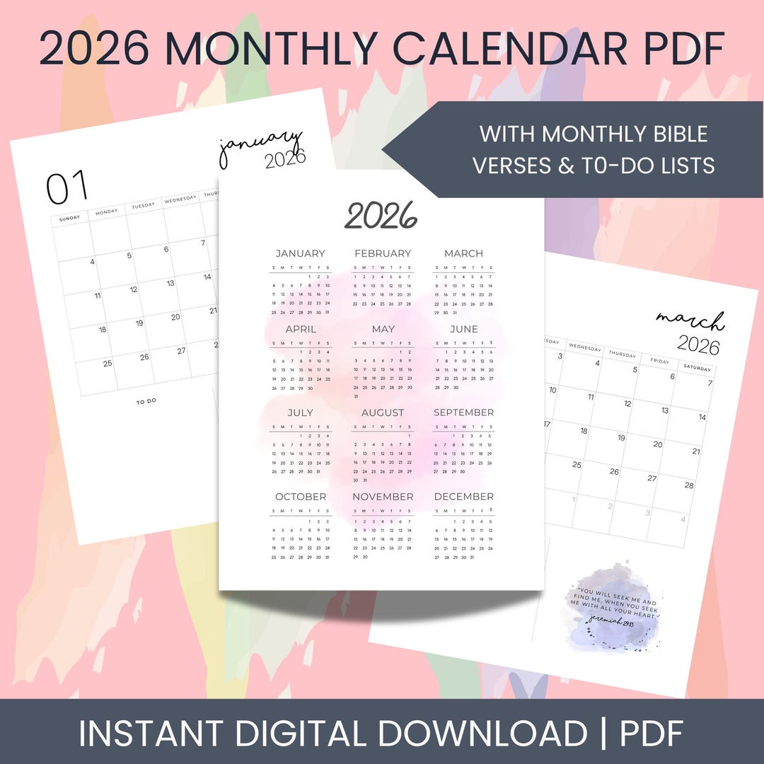 2026 Watercolor Bible Verse Calendar | Printable Monthly PDF - Etsy