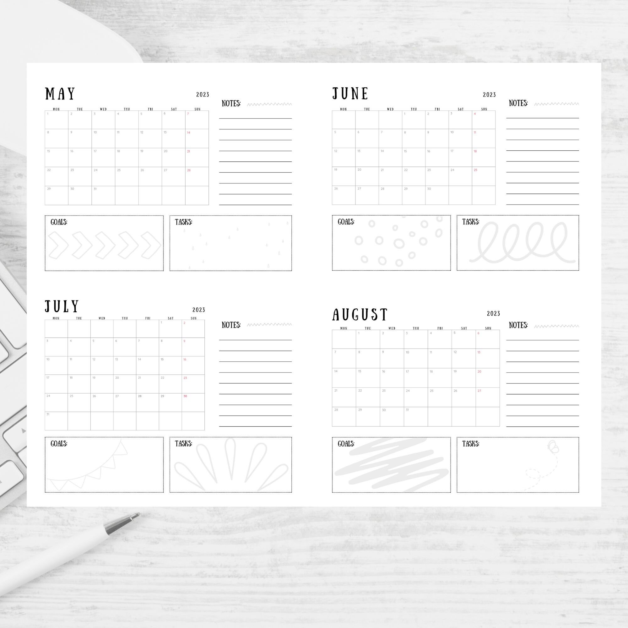 CUTE DOODLES 12 Month Calendar PDF Horizontal - Etsy