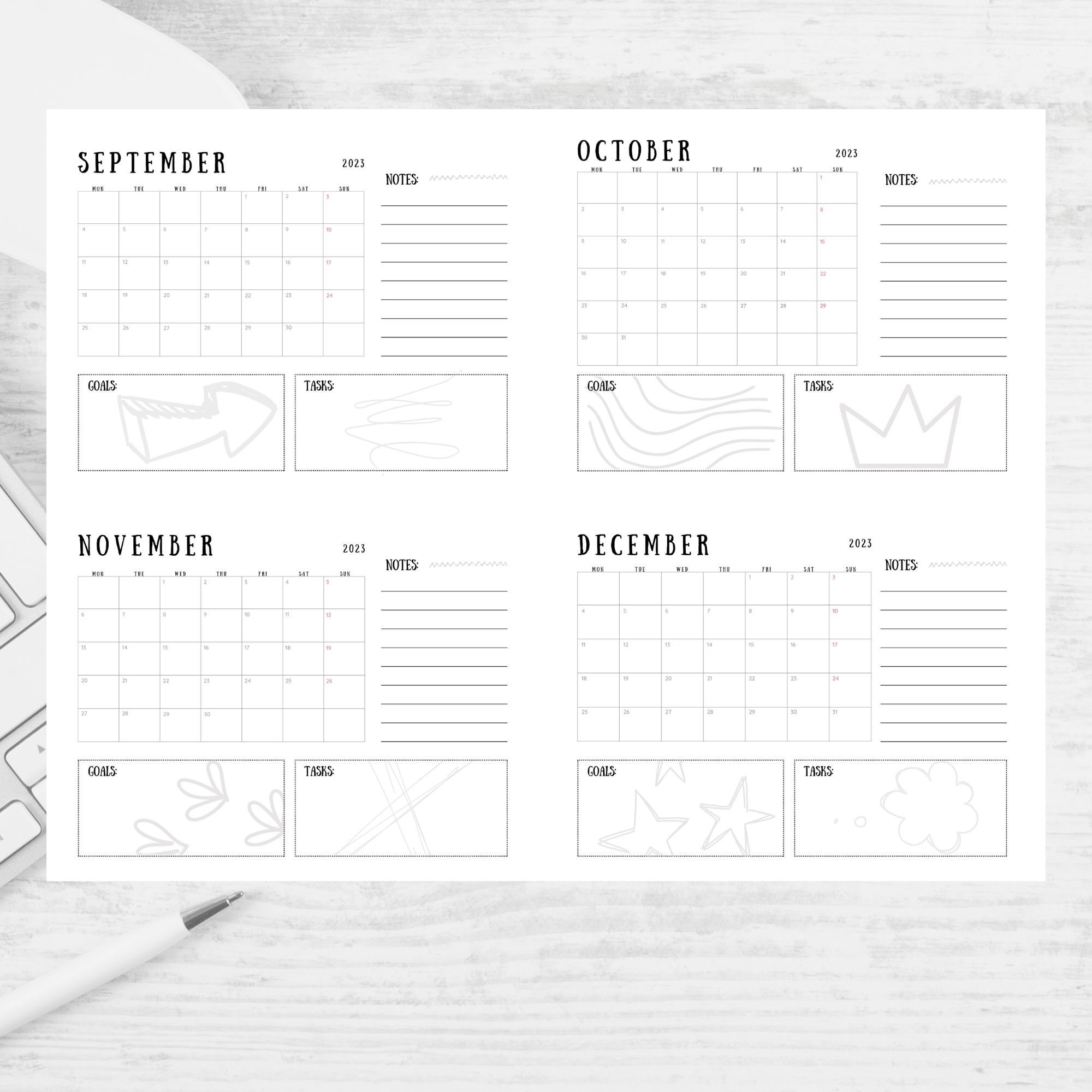 CUTE DOODLES 12 Month Calendar PDF Horizontal - Etsy