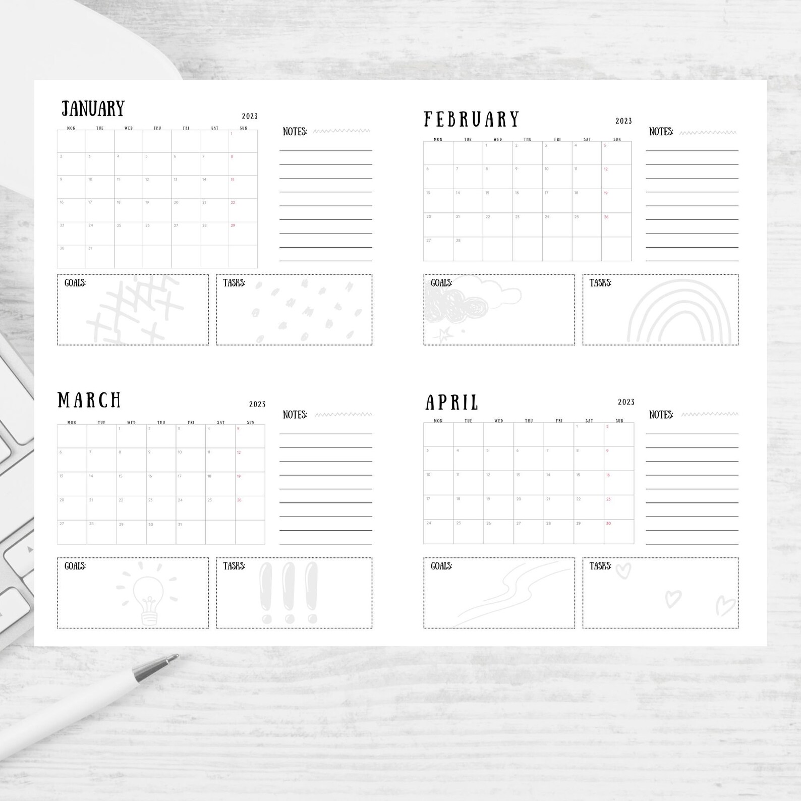 CUTE DOODLES 12 Month Calendar PDF Horizontal - Etsy