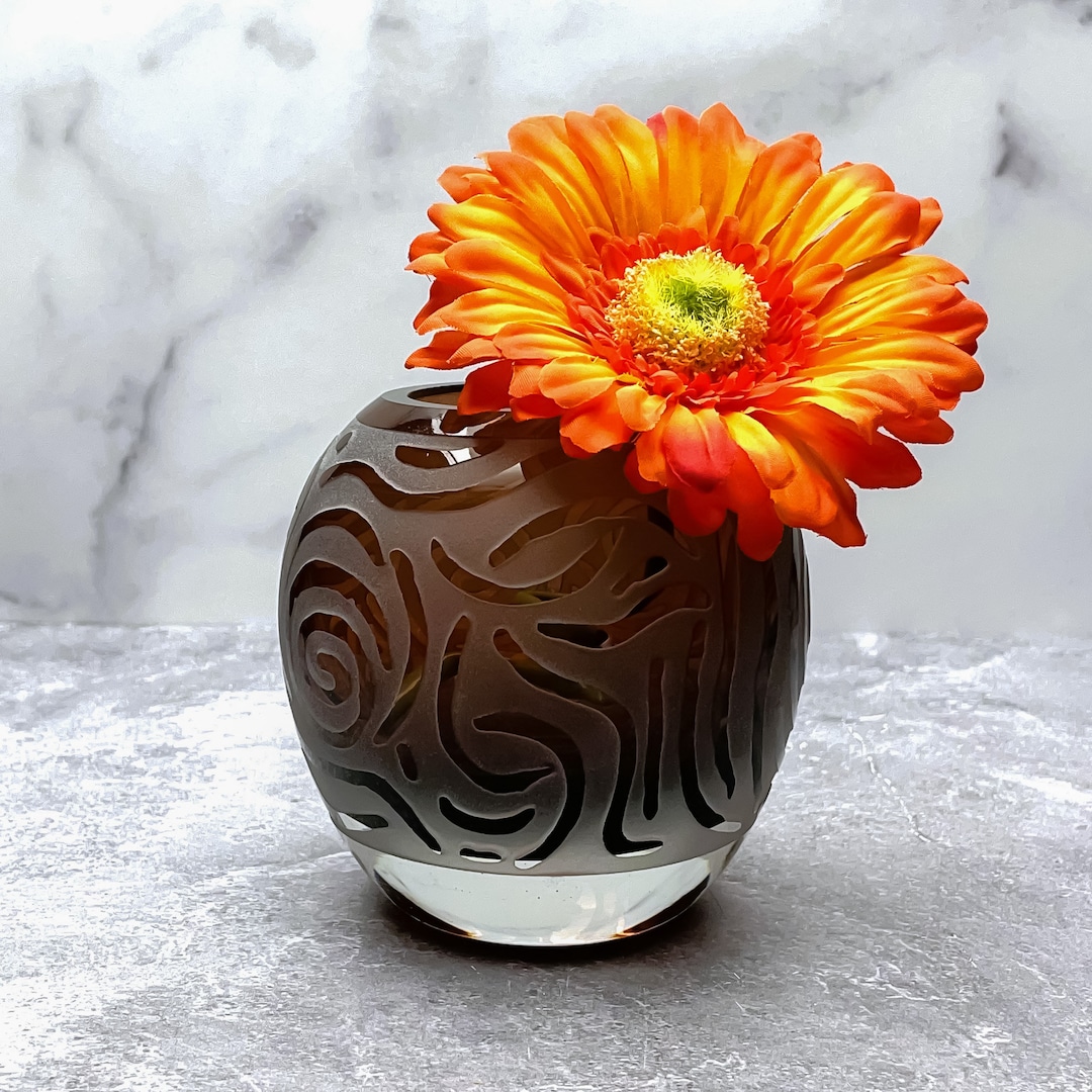 Handblown Glass Rose Bowl Vase With Etched Design - Etsy