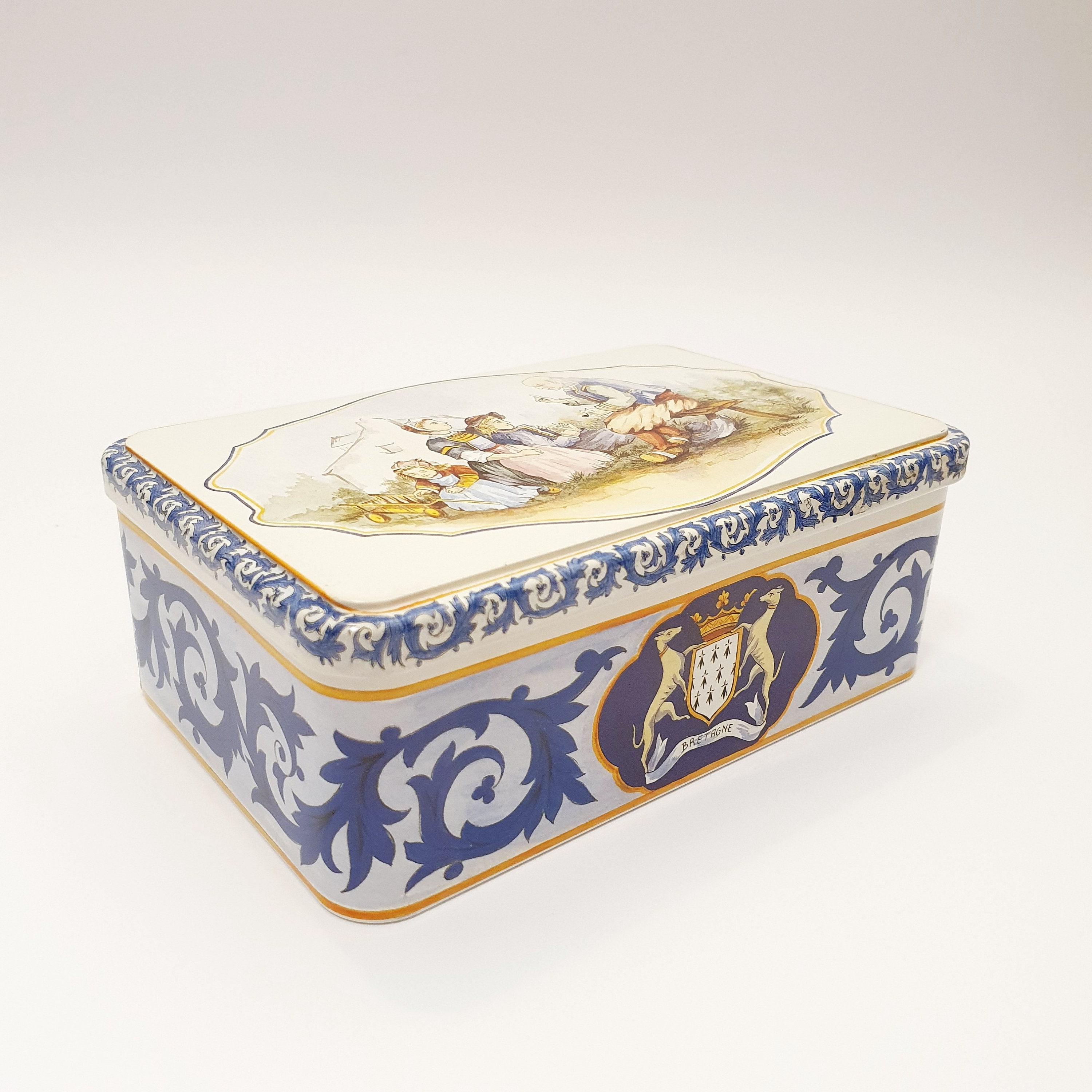 Vintage Tin Box French Massilly With Blue and Yellow Henriot Quimper ...