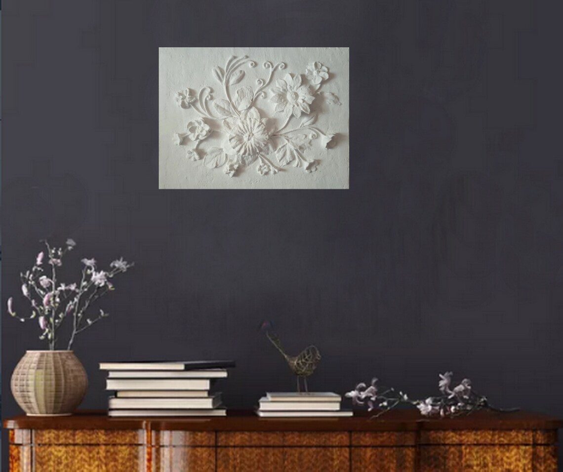Sculptural wall art white bas-relief 3d wall art flowers 3d | Etsy