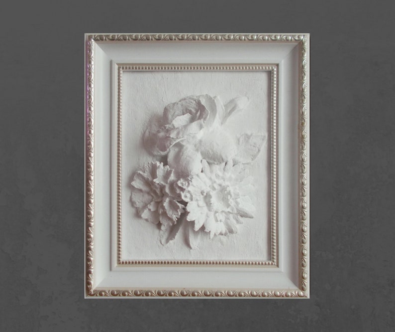 White bas-relief framed wall art botanical Sculptural baroque | Etsy