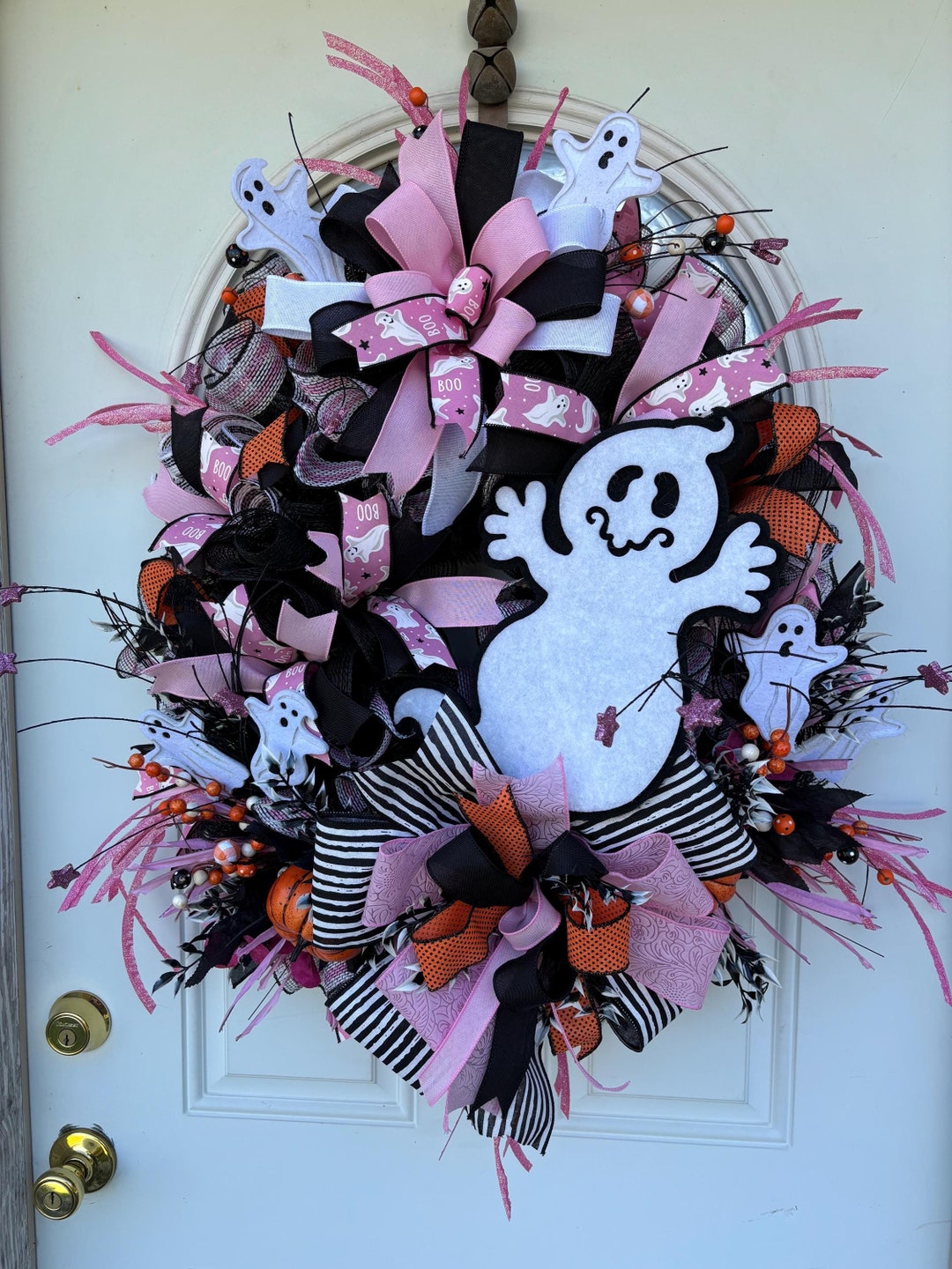 Pink Ghost Halloween Wreath: Spooky Front Door Decor With Pumpkins - Etsy