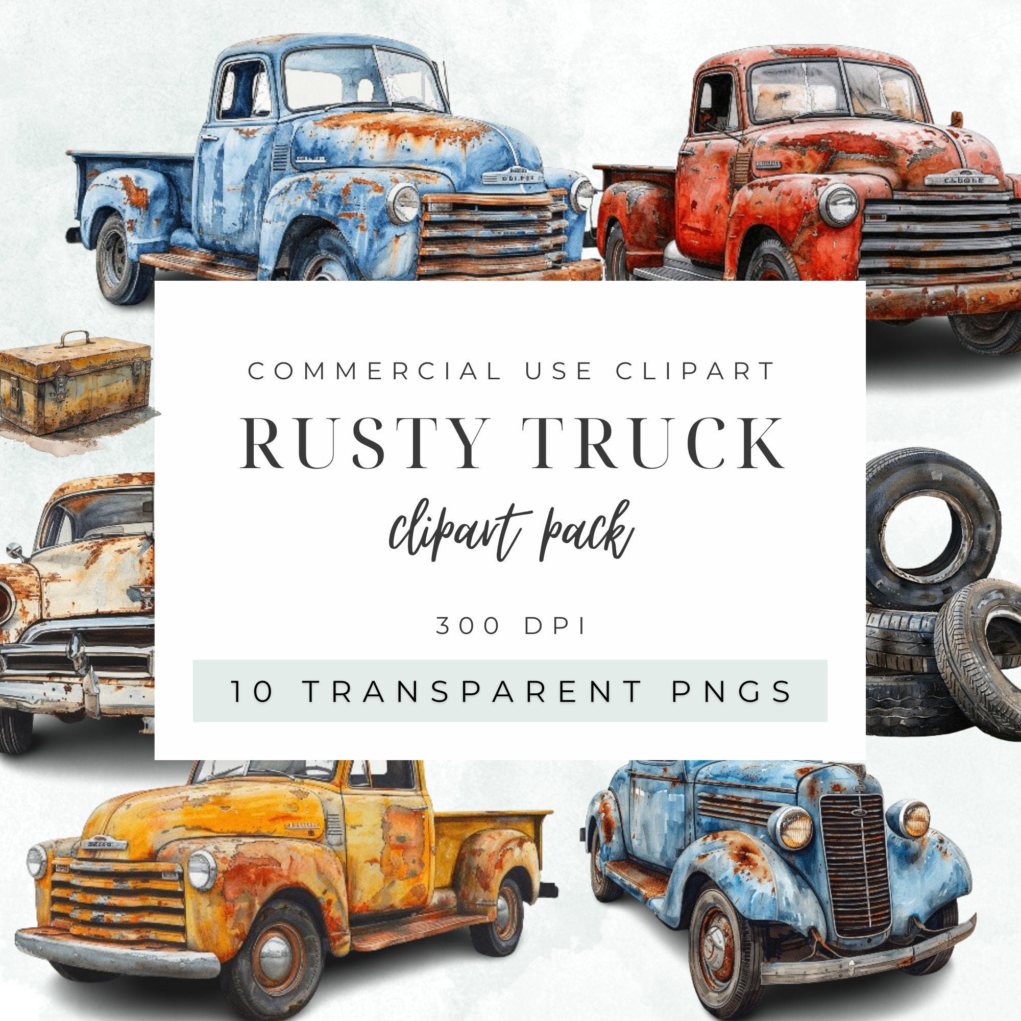 Rusty Trucks, Watercolor Clipart, 10 Images, for Commercial Use ...