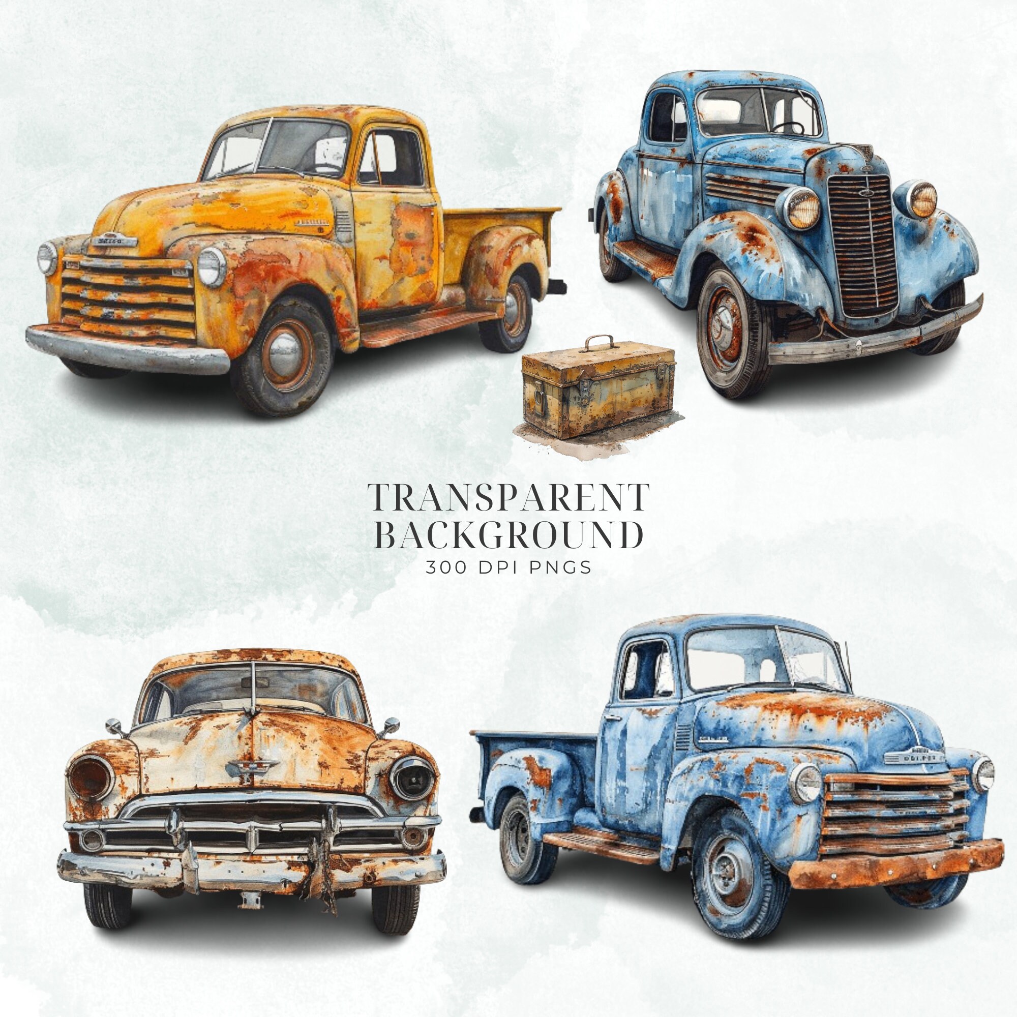 Rusty Trucks, Watercolor Clipart, 10 Images, for Commercial Use ...