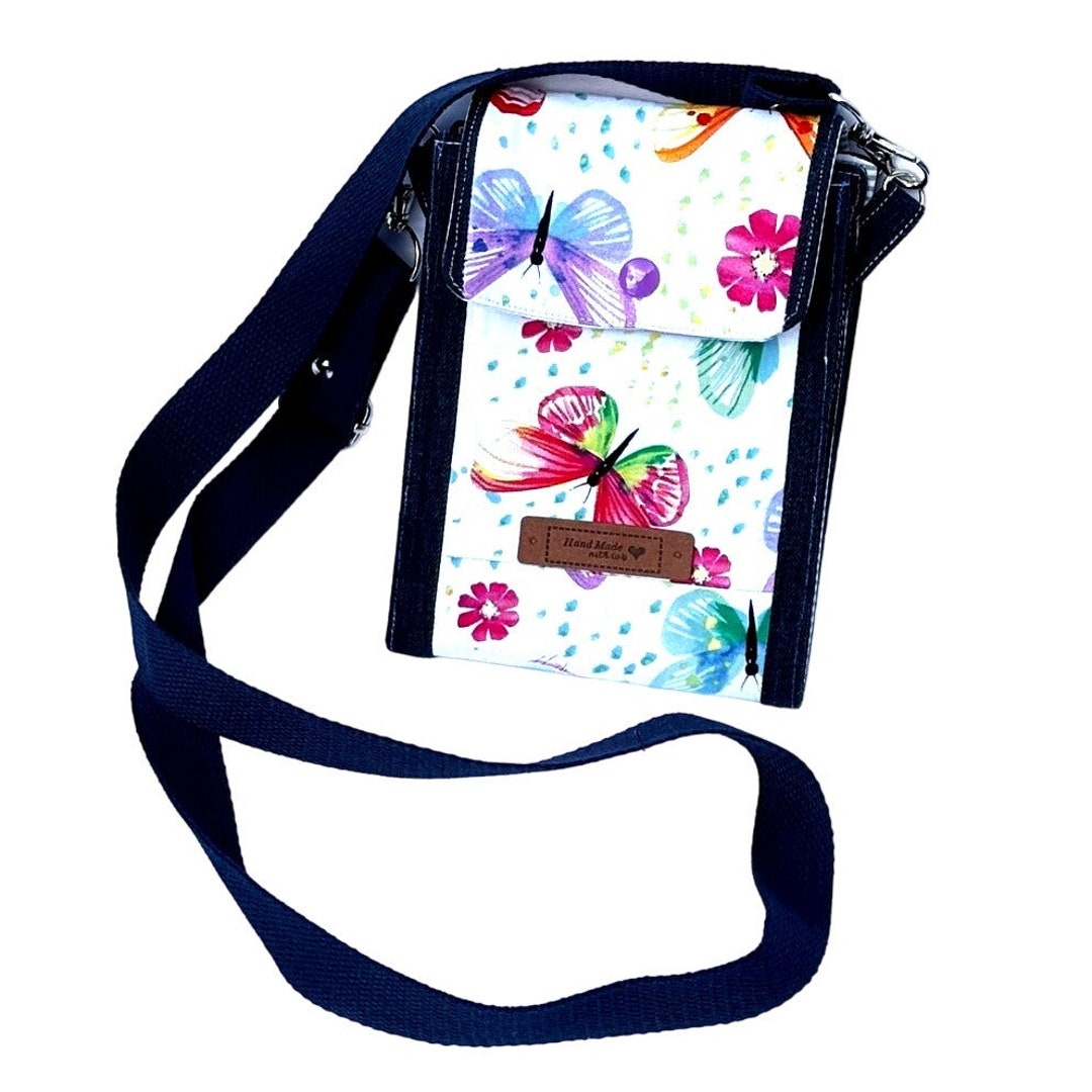 Handnade Upcycled Denim Butterfly Triple Slots Mini Crossbody Cell ...