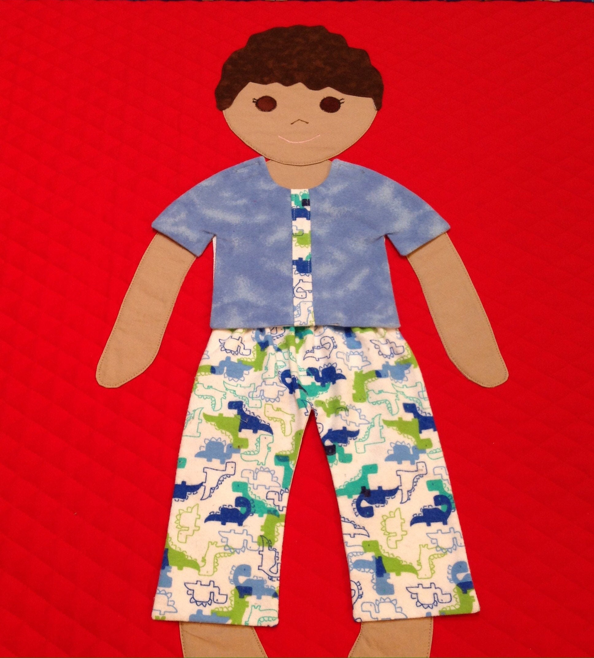 Paper Doll Quilt Pajama Outfit - Blue Flannel Pajama Top With Dinosaur ...