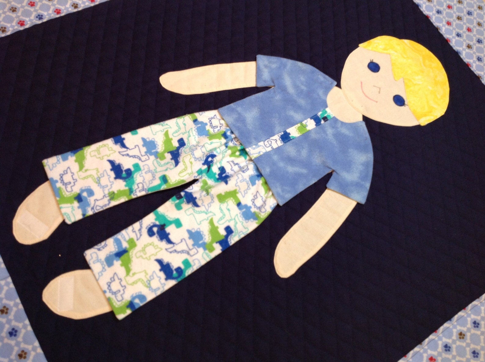 Paper Doll Quilt Pajama Outfit - Blue Flannel Pajama Top With Dinosaur ...