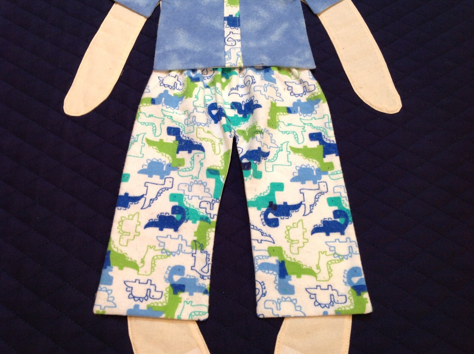 Paper Doll Quilt Pajama Outfit - Blue Flannel Pajama Top With Dinosaur ...