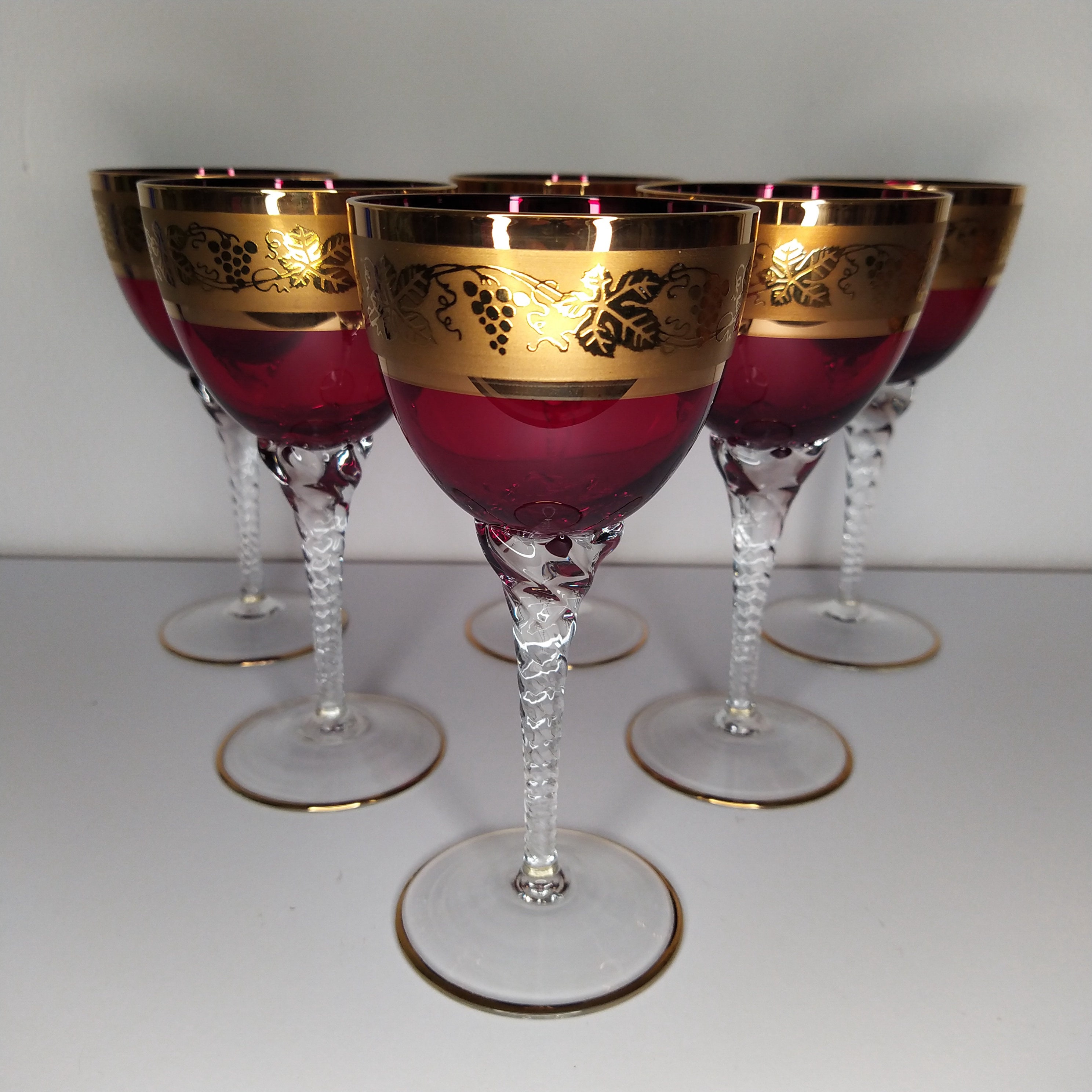 Vintage Rare Ruby Red Wine Glasses With 24K Gold Decorated Set of 6 ...